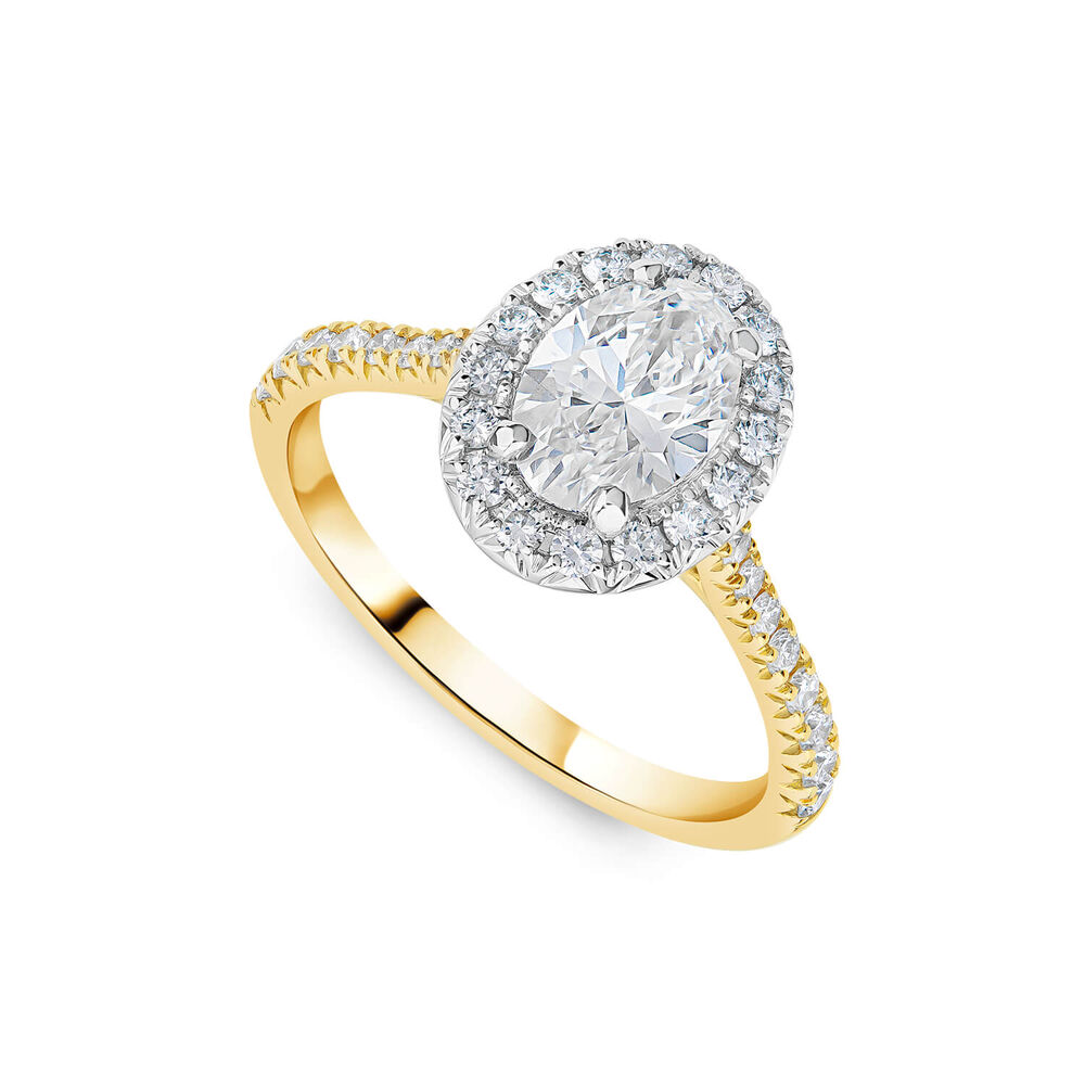 Born 18ct Yellow Gold 1.40ct Oval Halo & Diamond Sides Ring