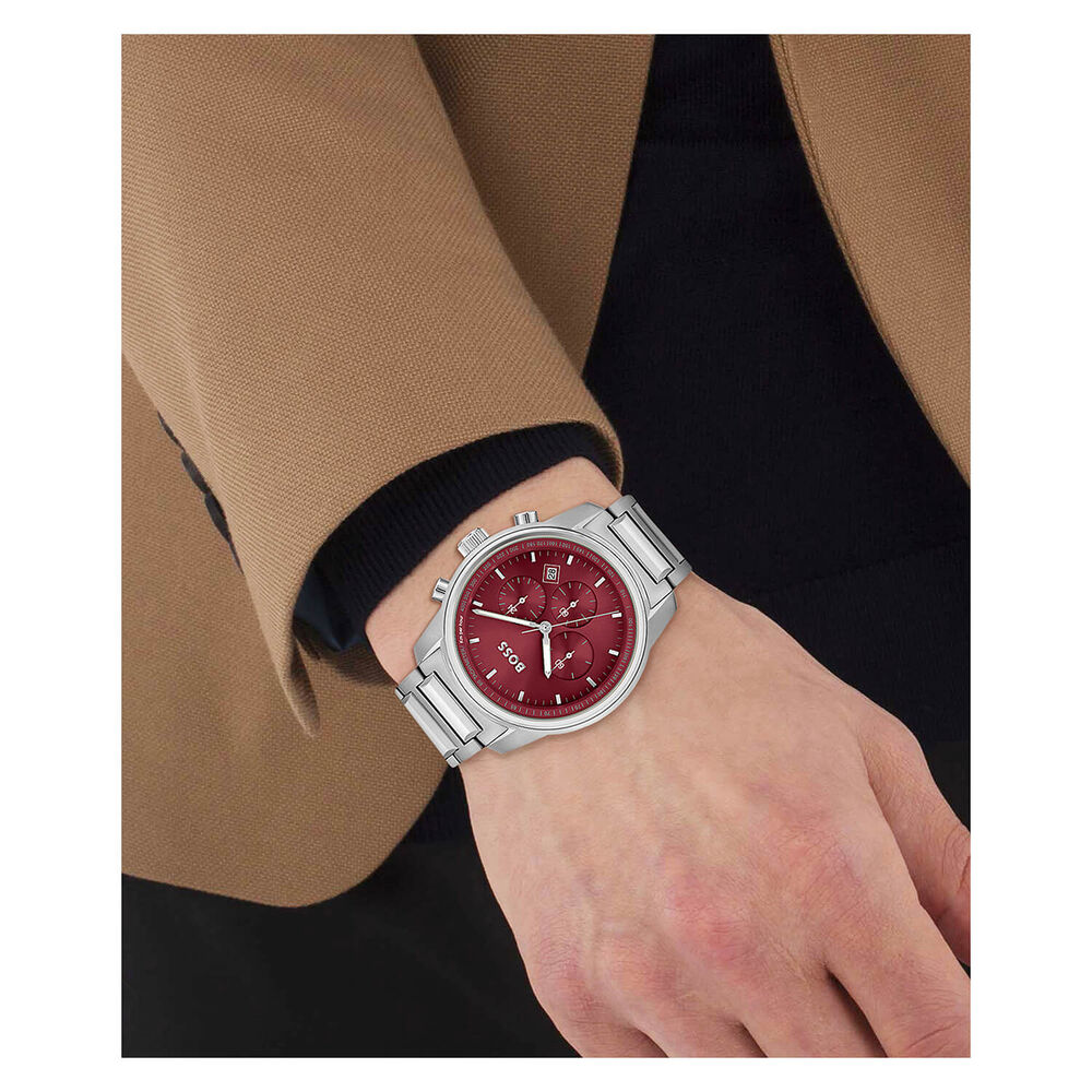 BOSS Trace 44mm Burgundy Dial Steel Bracelet Chrono Watch