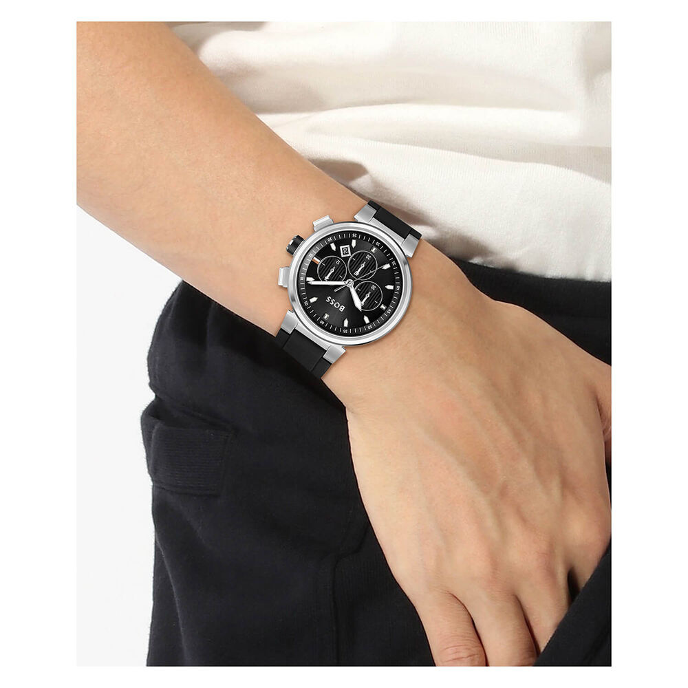 Hugo Boss One 44mm Black Dial Black Rubber Strap Watch