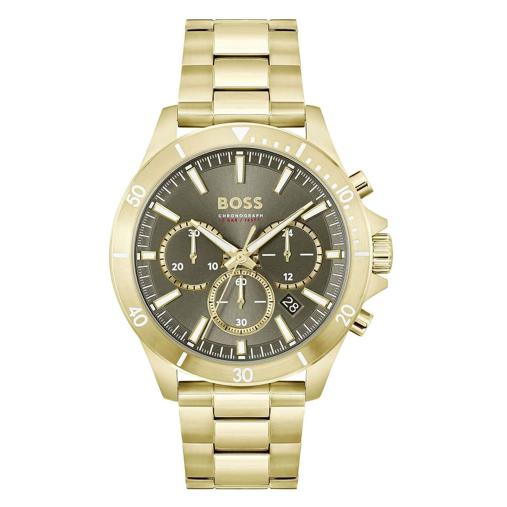 BOSS Troper 44mm Green Dial Yellow Gold IP Bracelet Watch